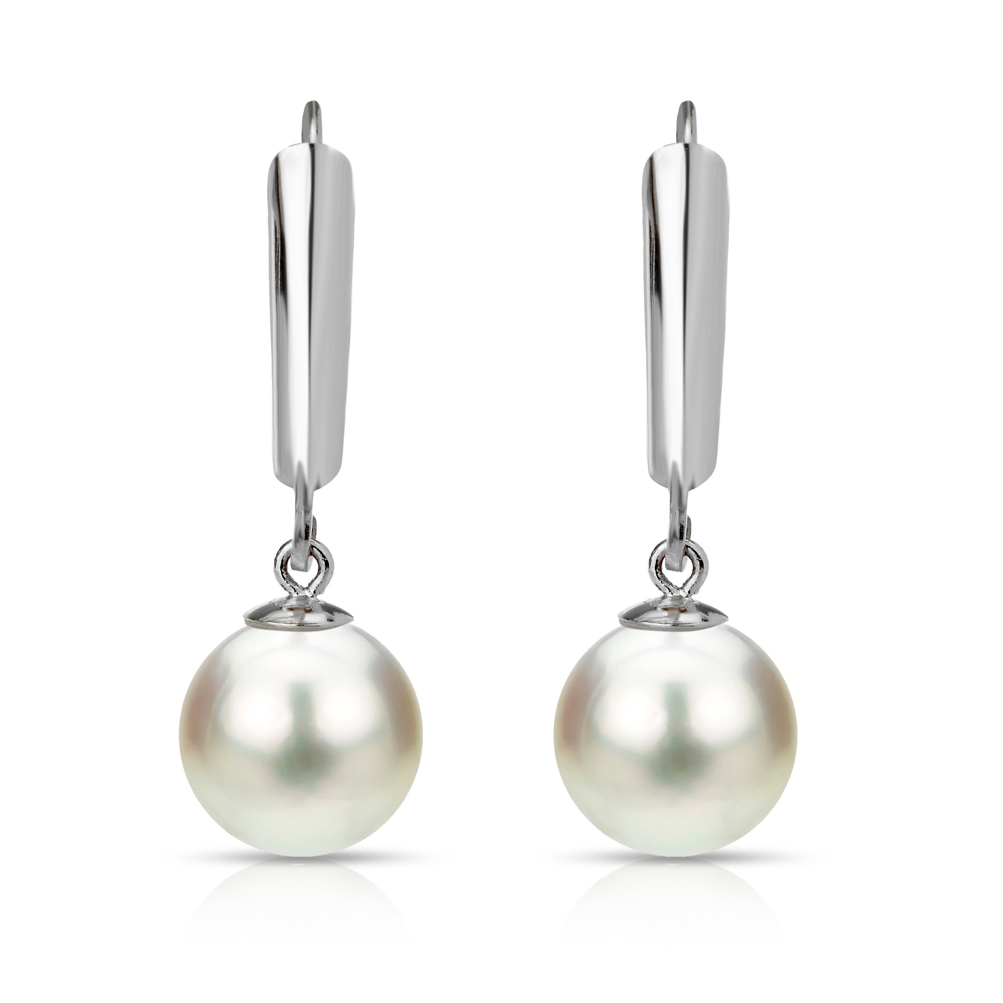 Amazon Collection 14k White Gold 7-7.5mm Round White Freshwater Cultured High Luster Pearl Lever-Back Dangle Earrings
