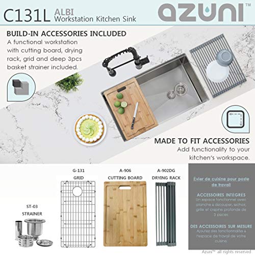 AZUNI 30 inch x 19 inch Single Bowl Undermount 16G Reversible Kitchen Ledge Workstation Sink with Grid, Luxury Basket Strainer, Drying Rack and Bamboo Cutting Board, C131L