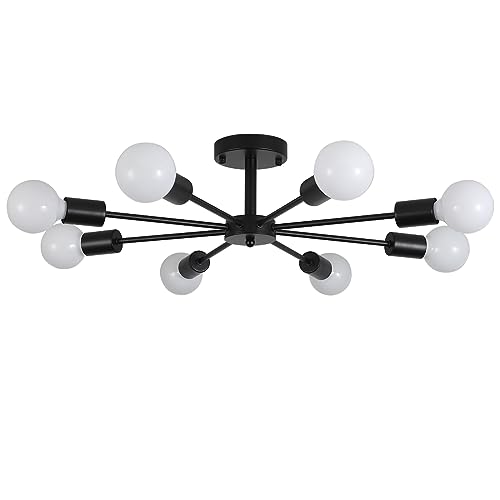 Black Modern Sputnik Chandelier Ceiling Light 8-Light Sputnik Light Fixture Black Mid Century Semi Flush Mount Celing Lights Fixture for Living Dining Room Bedroom Kitchen Foyer Office