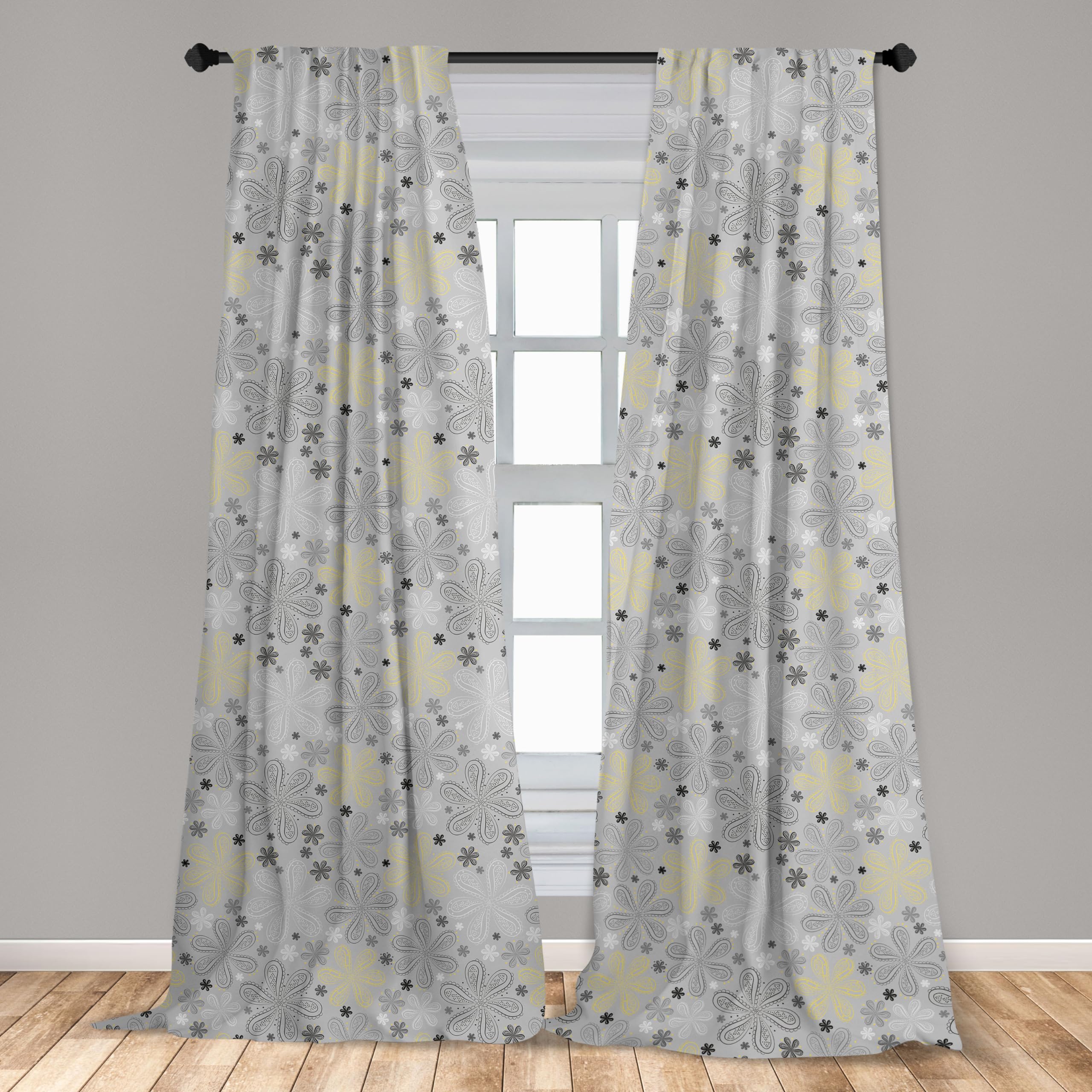 Ambesonne Grey and Yellow Window Curtains, Bohem Style Paisley Print Flowers Dots Art Image, Lightweight Decor 2-Panel Set with Rod Pocket, Pair of - 28" x 63", Grey White