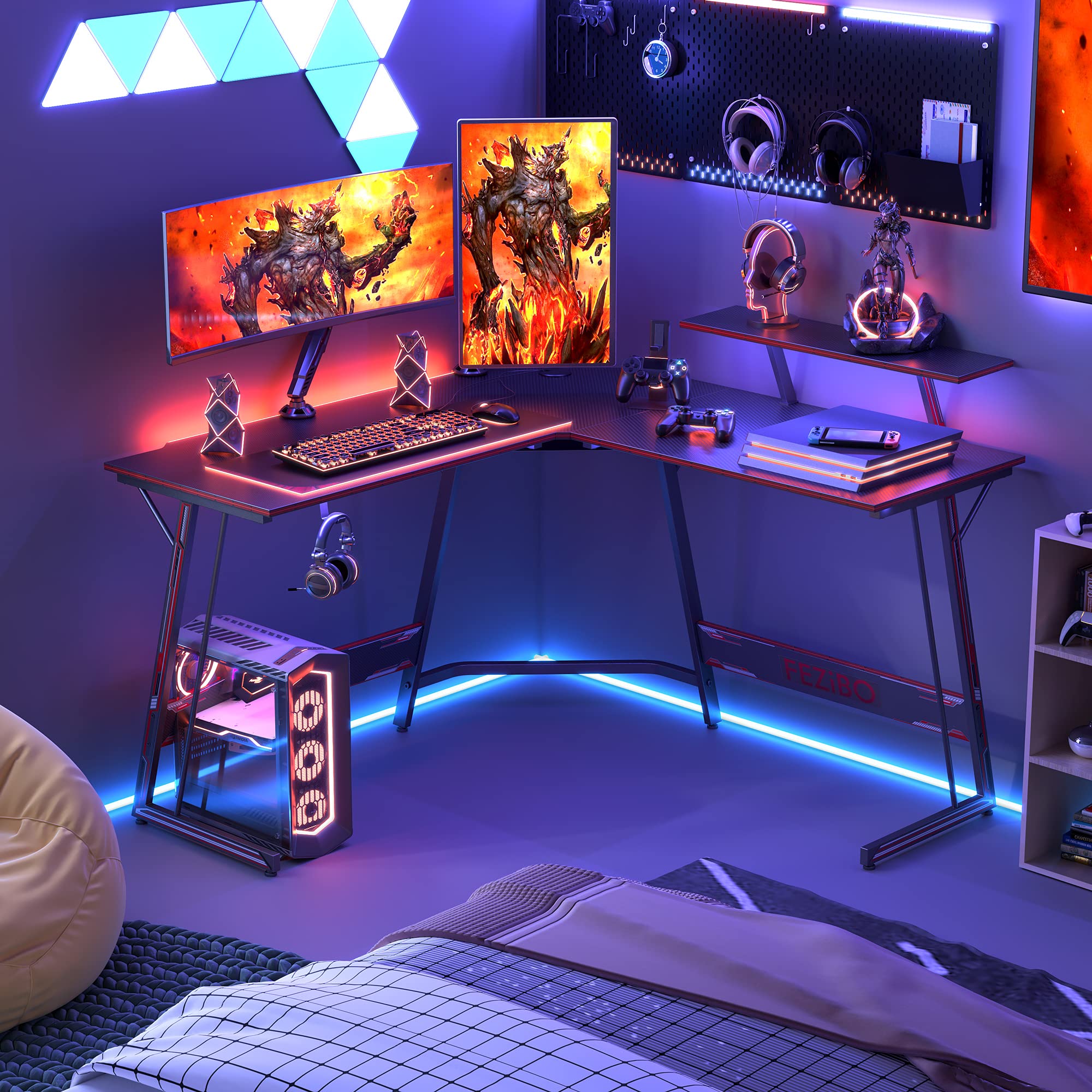 FEZIBO L Shaped Gaming Desk with LED Lighting, Computer Corner Desk PC Writing Table Gamer Workstation for Home Office, Black
