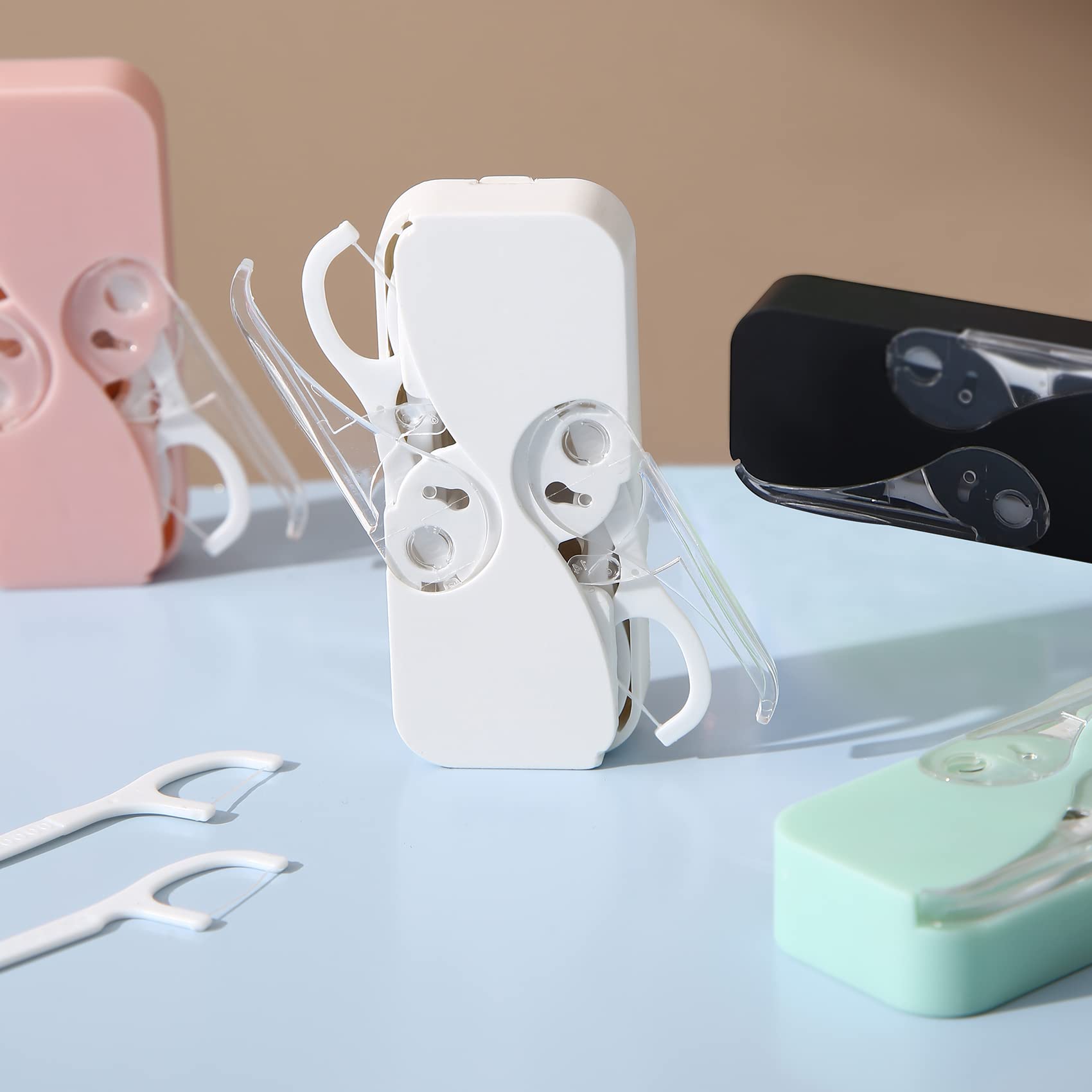 AURNEW Dental Floss,Dental Floss Dispenser Upgrade Automatic Dental Floss Case Refillable Floss Pick Holder Floss Organizer for Women Men Teeth Cleaning (8pcs, 4 Pink+4 Green+2 Box Floss)…