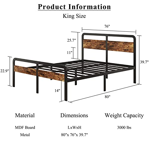 Upcanso King Size Bed Frame with Wood Headboard and Footboard, Platform King Bed Frame No Box Spring Needed with Heavy Duty Slats, Easy Assembly