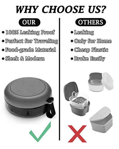 Denture Case, Definitely No-Leak Denture Bath Box for Traveling Perfectly, Denture Cup with Strainer & Magnetic Mirror,Completely Clean Care for Retainer, Mouth Guard, & Denture (BLACK)…