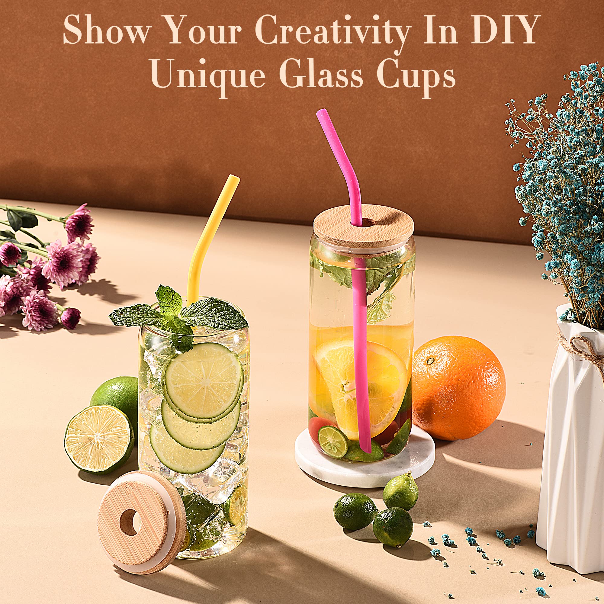 AJARAERA 20 oz Glass Cups with Lids and Straws,Beer Glasses,Drinking Glasses, Iced Coffee Cup,Glass Cups of 12