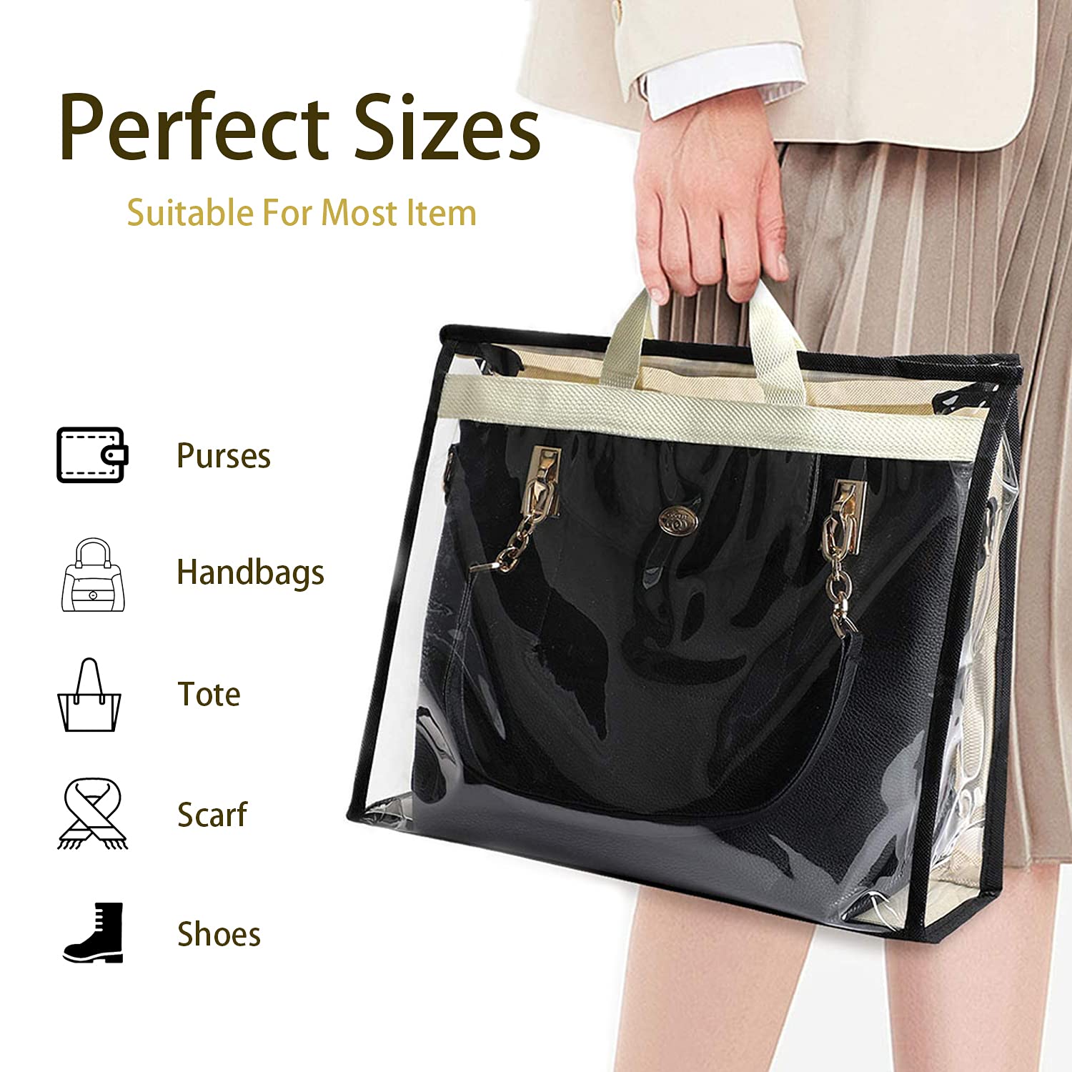 ENOCH Handbag Storage Organizer Dust Cover Bags for Handbag & Purse, Sturdy PVC Organizer for Wall Shelf & Closet, with Zipper and Handles(XL)