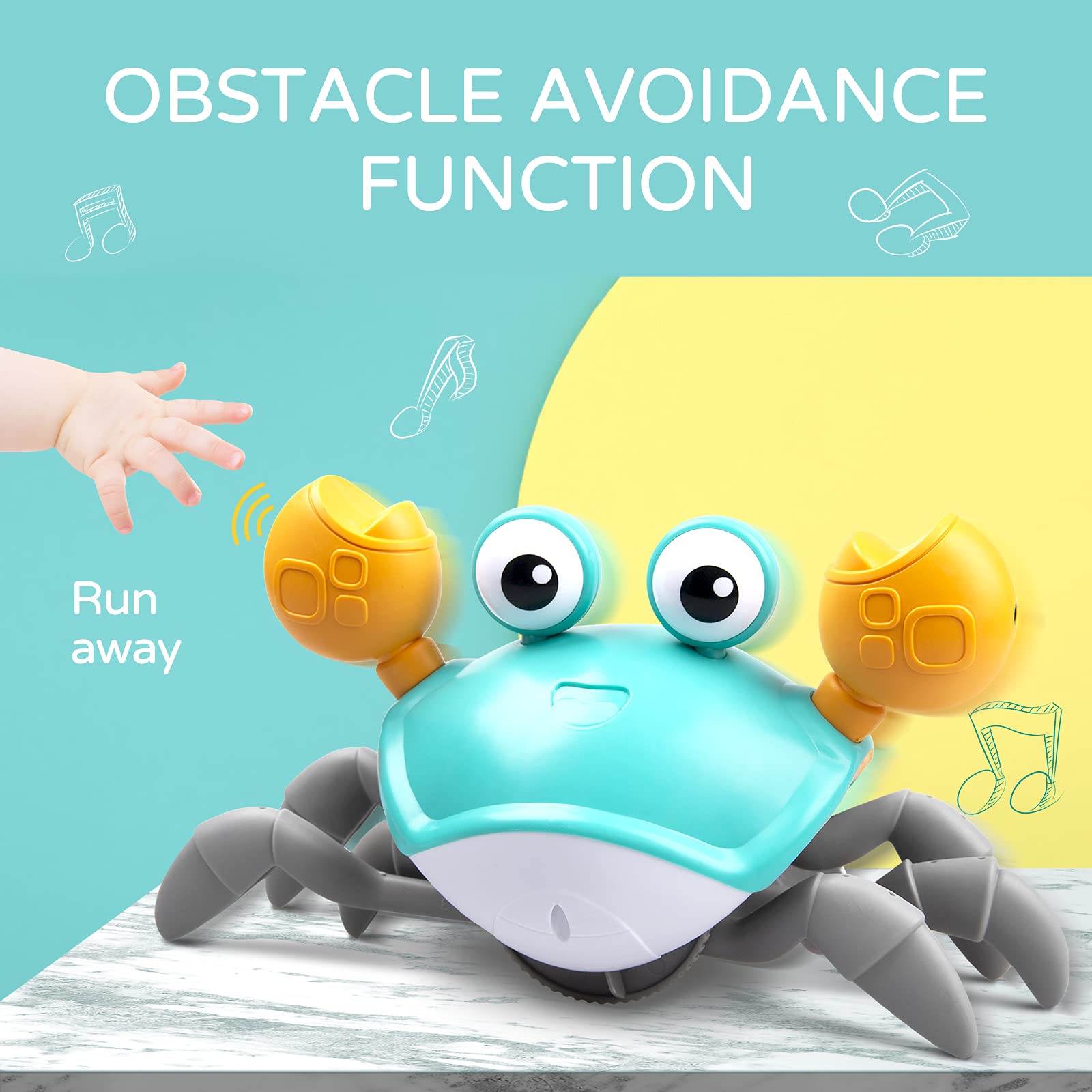 ZONICE Crawling Crab Baby Toy with Music and LED Light Up for Kids, Toddler Interactive Learning Toy with Automatically Avoid Obstacles, Build in Rechargeable Battery (Green)