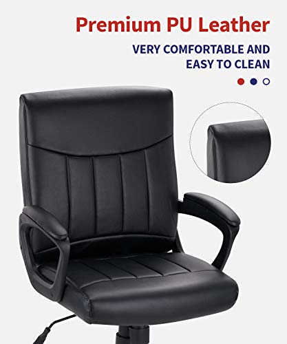 CLATINA Leather Office Executive Chair, Mid Back Computer Desk Chair with Lumbar Support and Padded Armrests, Ergonomic Adjustable Swivel Chair for Home, Black