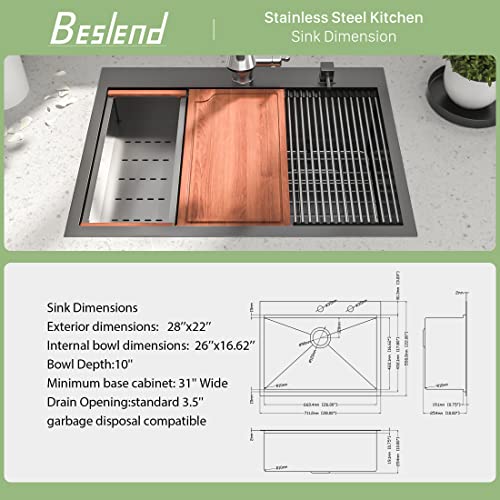 Beslend 28 Black Drop In Workstation Kitchen Sink - 28"x22"x10" Gunmetal Black Stainless Steel Topmount 16 Gauge 10 Inch Deep Sink