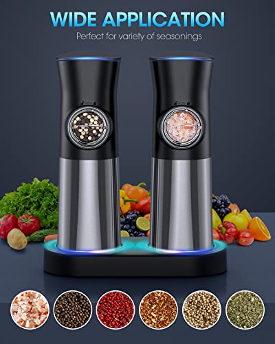 Gravity Electric Salt and Pepper Grinder Set - USB Rechargeable Automatic Pepper Mill Grinder - Generous Capacity - Adjustable Fineness - One Handed Operation, Stainless Steel Construction, LED Light