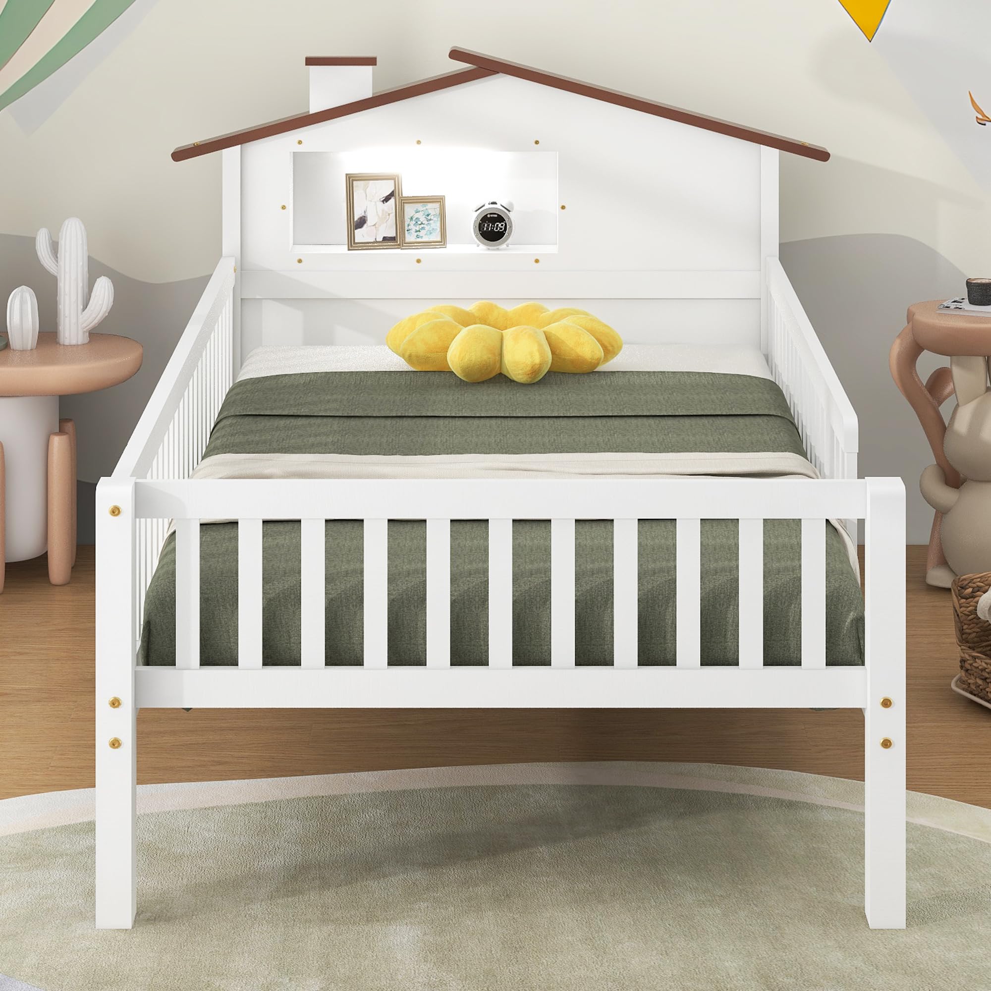 Bellemave Twin Size Montessori Bed for Kids, Twin Size Kids Bed with Fence,Kids Montessori Bed with House-Shaped Headboard and Built-in Storage, White