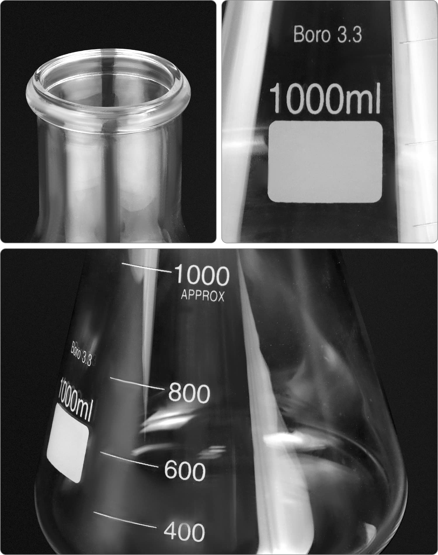 QWORK Erlenmeyer Flask Set - 50ml, 150ml, 250ml, 500ml & 1000ml - Narrow Neck, Clear Graduations - - Borosilicate 3.3 Glass - Ideal for Professional Lab Use