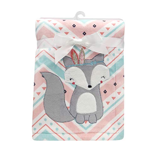 Lambs & Ivy Little Spirit Coral/White/Blue Chevron Fox Luxury Baby Blanket