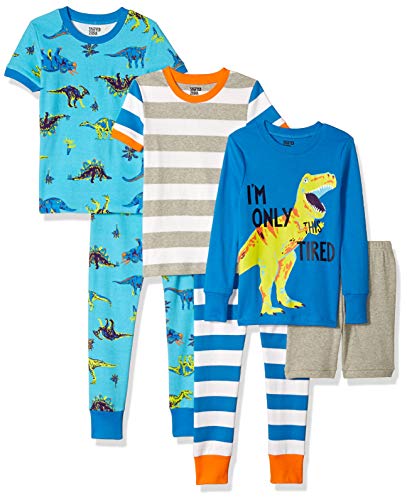 Amazon Essentials Boys' Snug-fit Cotton Pajamas Sleepwear Sets (Previously Spotted Zebra), Pack of 3, Multicolor/Dinosaur/Stripe, 8