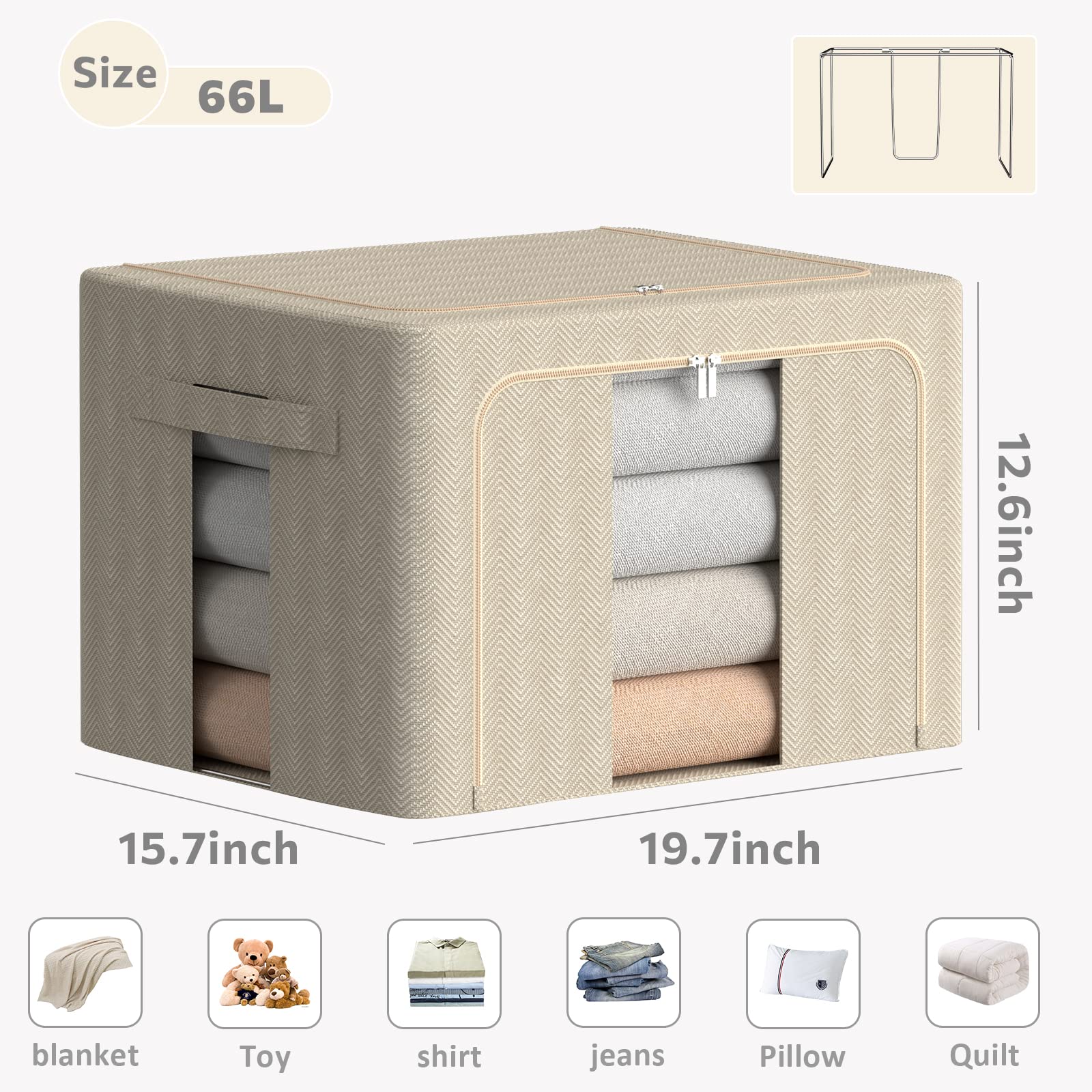 FHSQX Clothes Storage Organizer Bins- Stackable Storage Containers for Closet Foldable Storage Bins for Clothes with Clear Window & Carry Handles (Large-66L(19.7x15.7x12.6inch), Beige)
