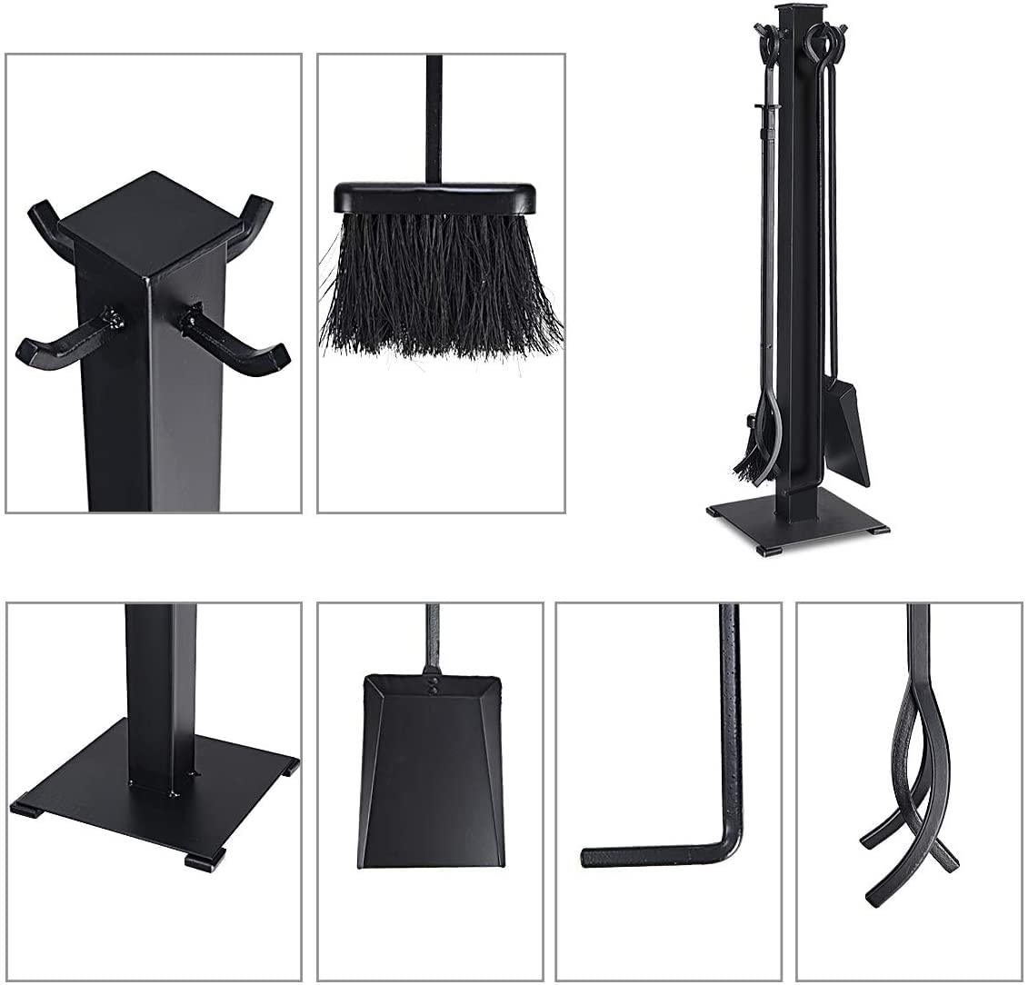 Hysache 5-Piece Fireplace Tool Set, Heavy Duty Wrought Iron Toolset w/Tong,Poker, Shovel, Brush, Indoor & Outdoor Hearth Wood Stove Firepit Accessories, Compact Fireplace Tool Set