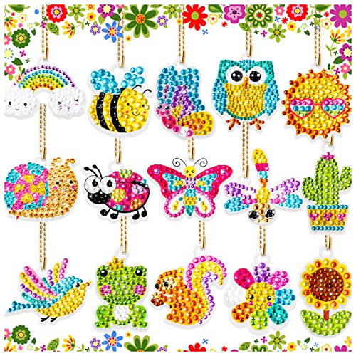 FFNIU Diamond Art for Kids, 15 Pack Diamond Painting Keychains, DIY Gem 5D Painting Arts and Crafts for Boys Girls Ages 6-8-12 (Garden Animals)