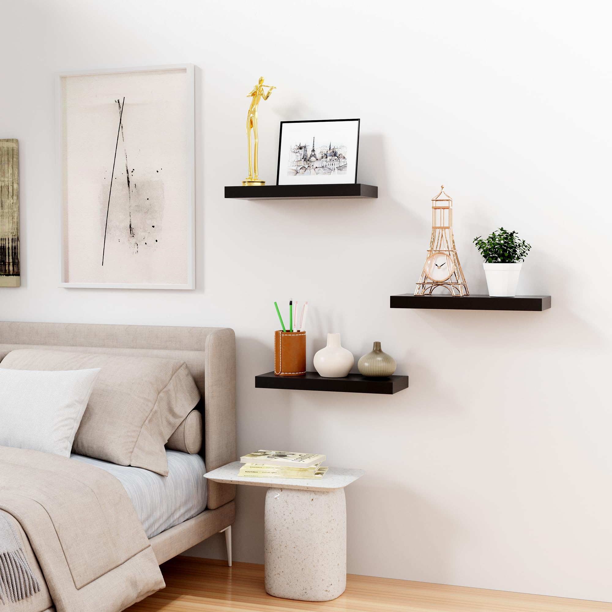 Bellsal Floating Shelves, Black Engineered Wood Wall Shelf Set of 2, 15" Wall Mounted Floating Shelf, Hanging Wooden Shelf Invisible with Brackets for Bedroom, Kitchen, Living Room, Bathroom Decor