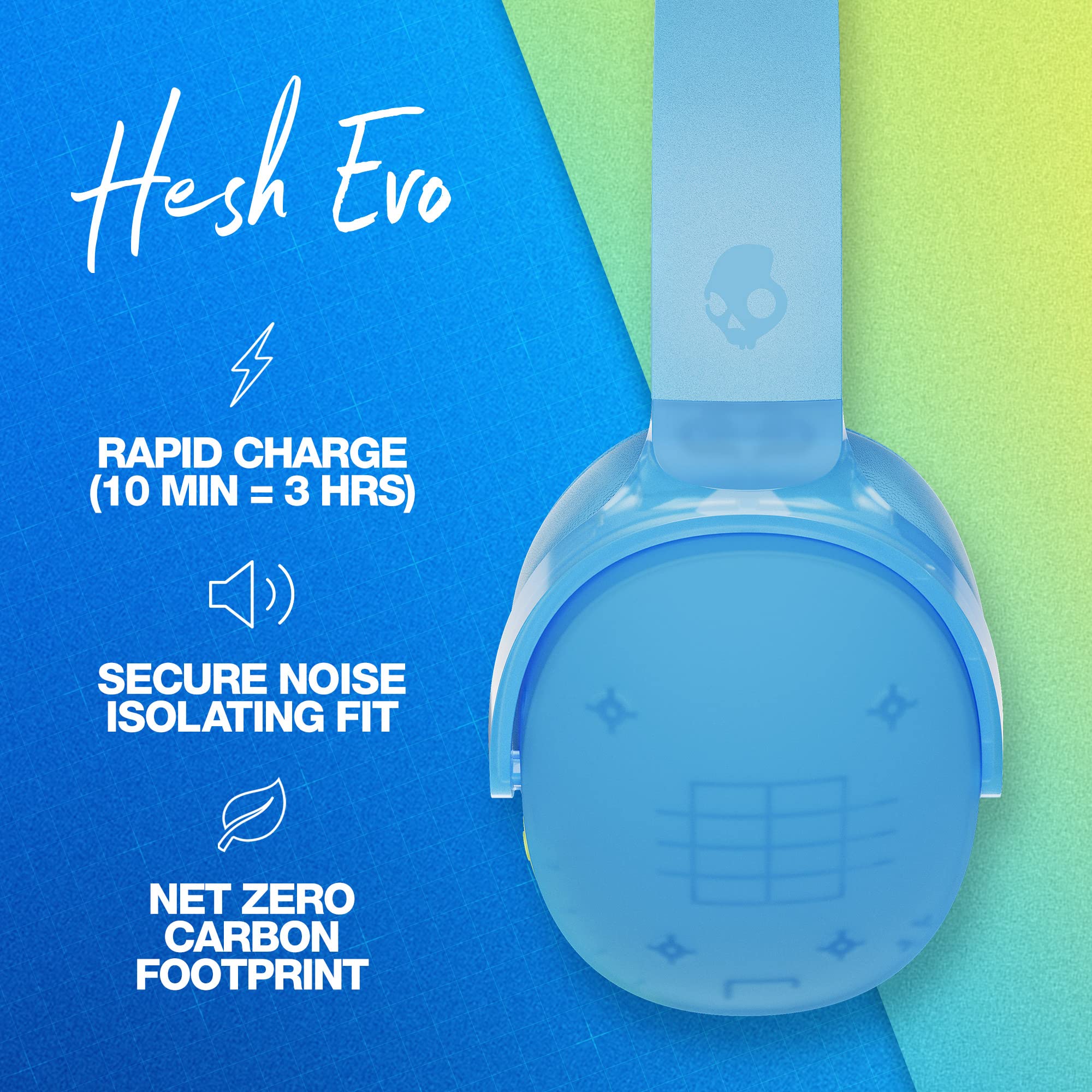 Skullcandy Hesh Evo Bluetooth Headphones for iPhone and Android with Microphone / 36 Hours Battery Life/Great for Music, School, Travel and Gaming/Wireless Headphones - Clear Blue