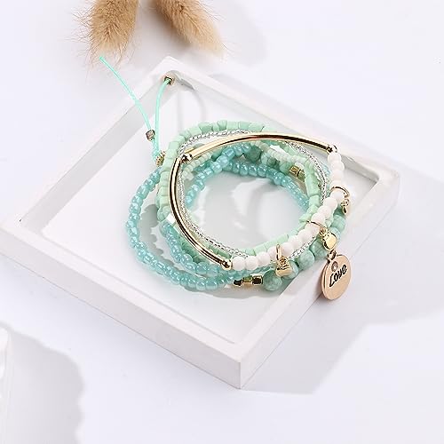 FIBO STEEL 6 Sets Bohemian Stackable Bead Bracelets for Women Stretch Multilayered Bracelet Set Multicolor Jewelry,Small Beads Stylish Style