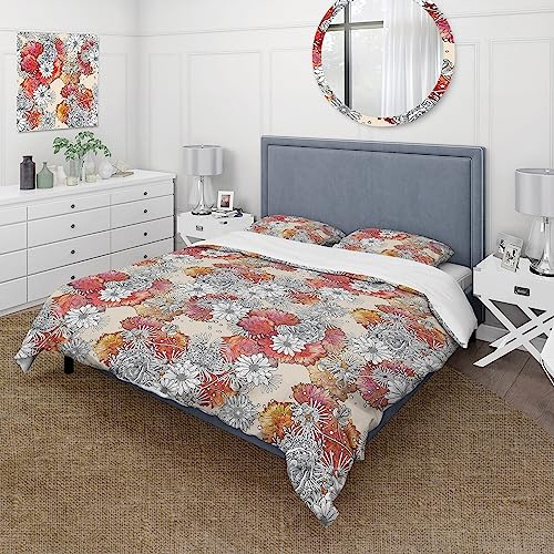 DESIGN ART Designart 'Abstract Red Flowers Under Black & White Flowers' Traditional Duvet Cover Set King
