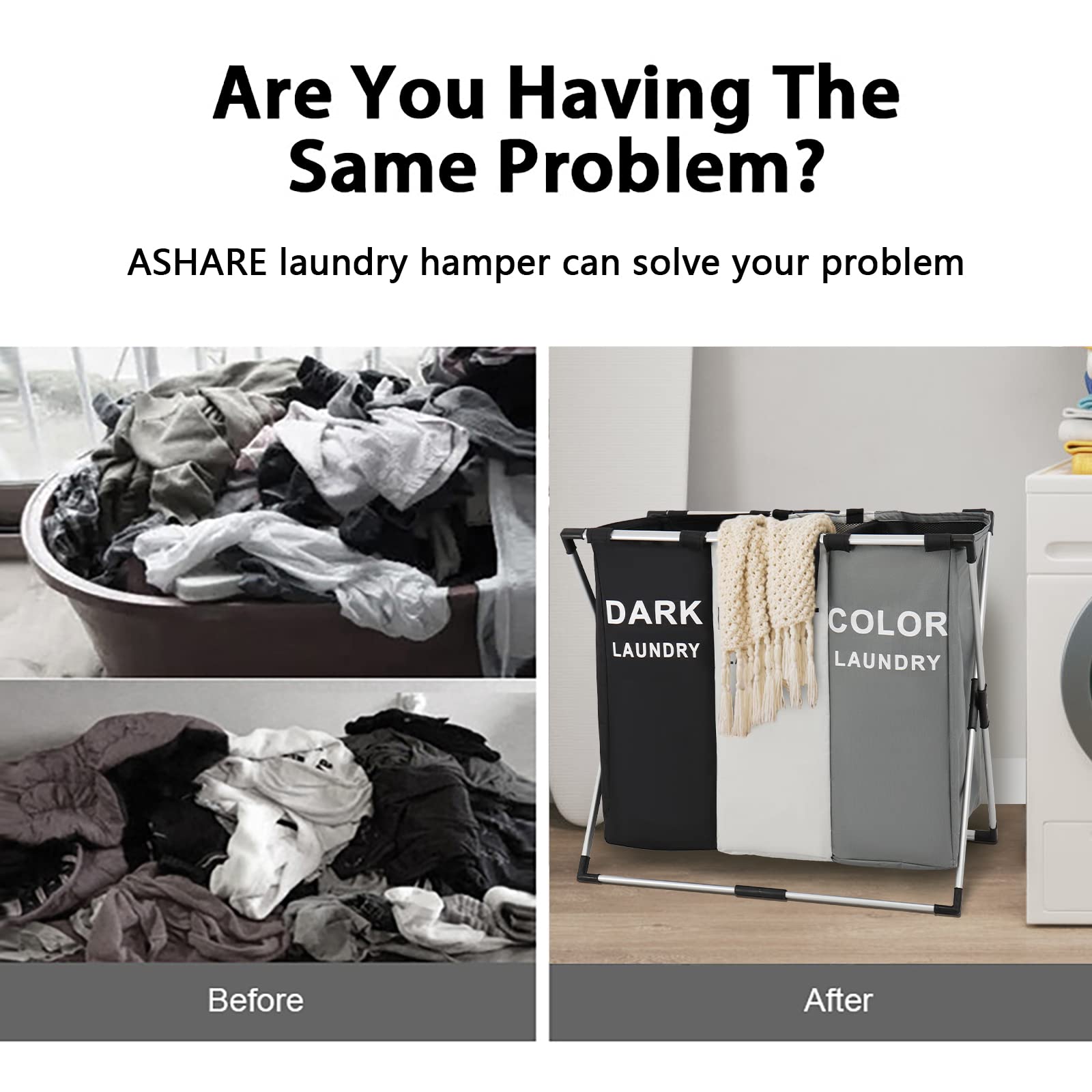 Laundry Basket Hamper 3 Section Dirty Clothes Hamper with Mesh Cover Foldable Aluminum Frame Laundry Sorter Organizer for Bathroom Bedroom Nursery (White+Grey+Black)