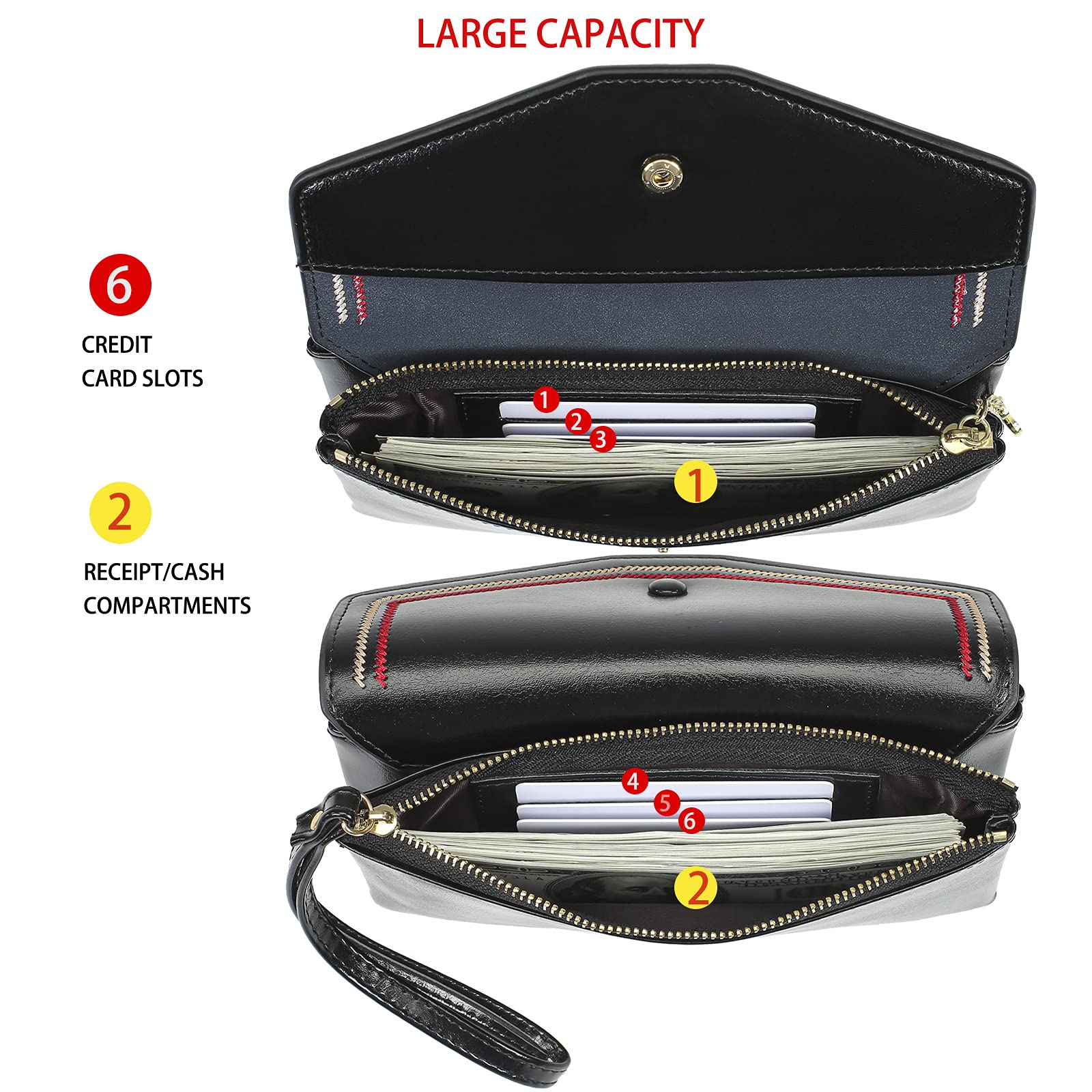 ENYISDAN Detachable Wristlet Wallets for Women 2-in-1 Long Purse Clutch Embroidery Leather Zip Black
