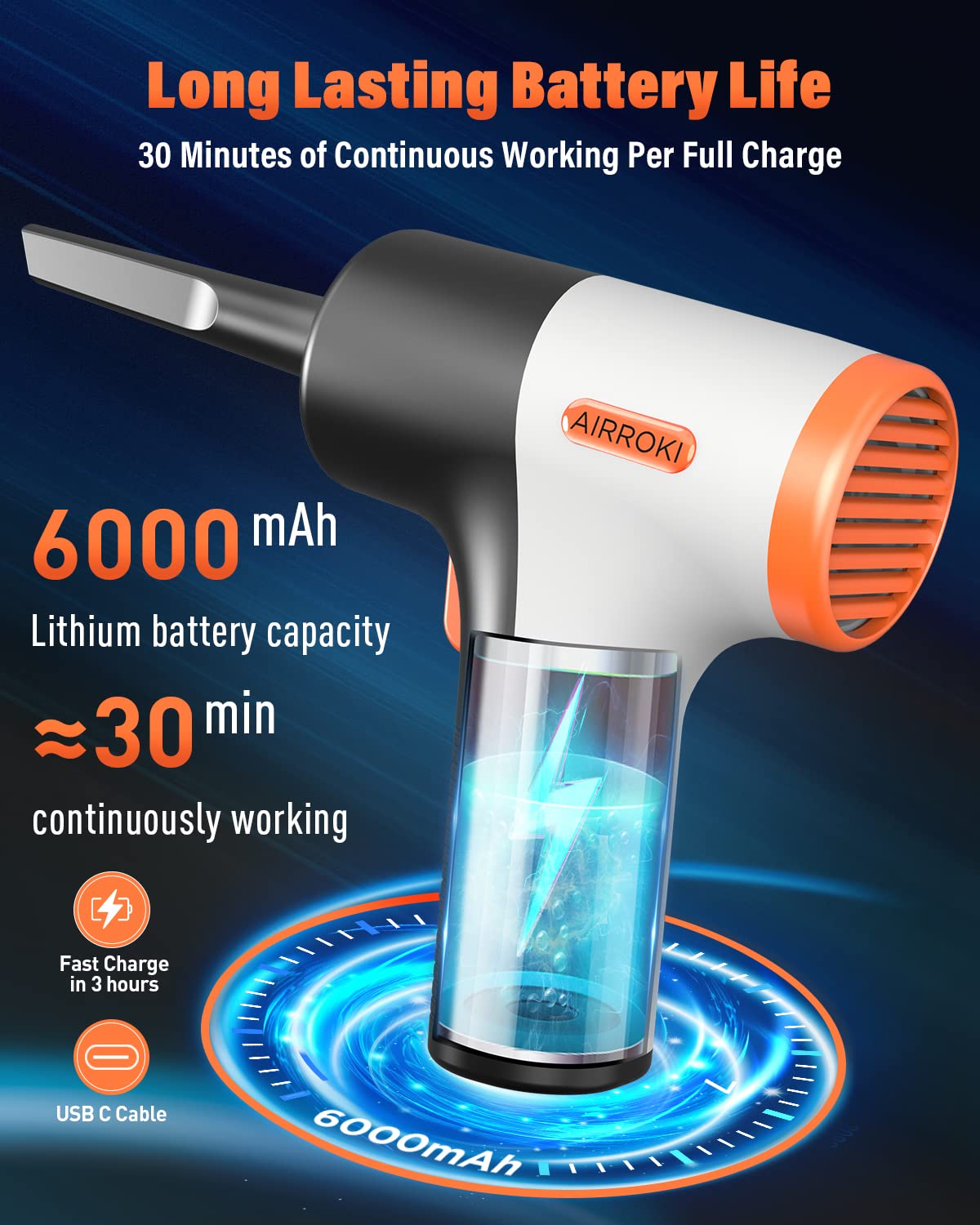 AIRROKI Compressed Air Duster - Cordless Air Duster for Computers, 100000 RPM 3 Speeds, 6000mAh Battery Rechargeable Compressed Air,Continuously 30mins Working for Computer Keyboard Cleaning