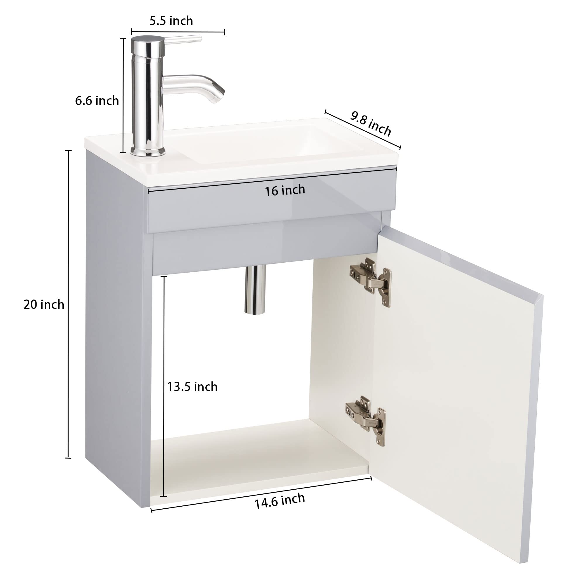 AHB 16" Bathroom Vanity W/Sink Combo for Small Space, Wall Mounted Bathroom Cabinet Set with Chrome Faucet Pop Up Drain U Shape Drain (Grey)…
