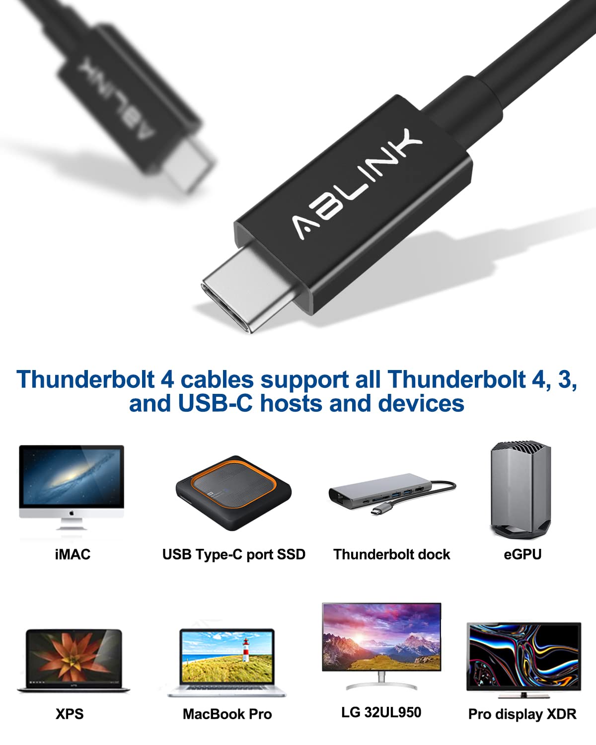 Ablink USB4 Cable 6.6ft compatible thunderbolt 4 cable with 100W Charging,40Gbps Data Transfer,Single 8K or Dual 4K Displays,Compatible with Thunderbolt 4,USB4,Thunderbolt 3, USB-C