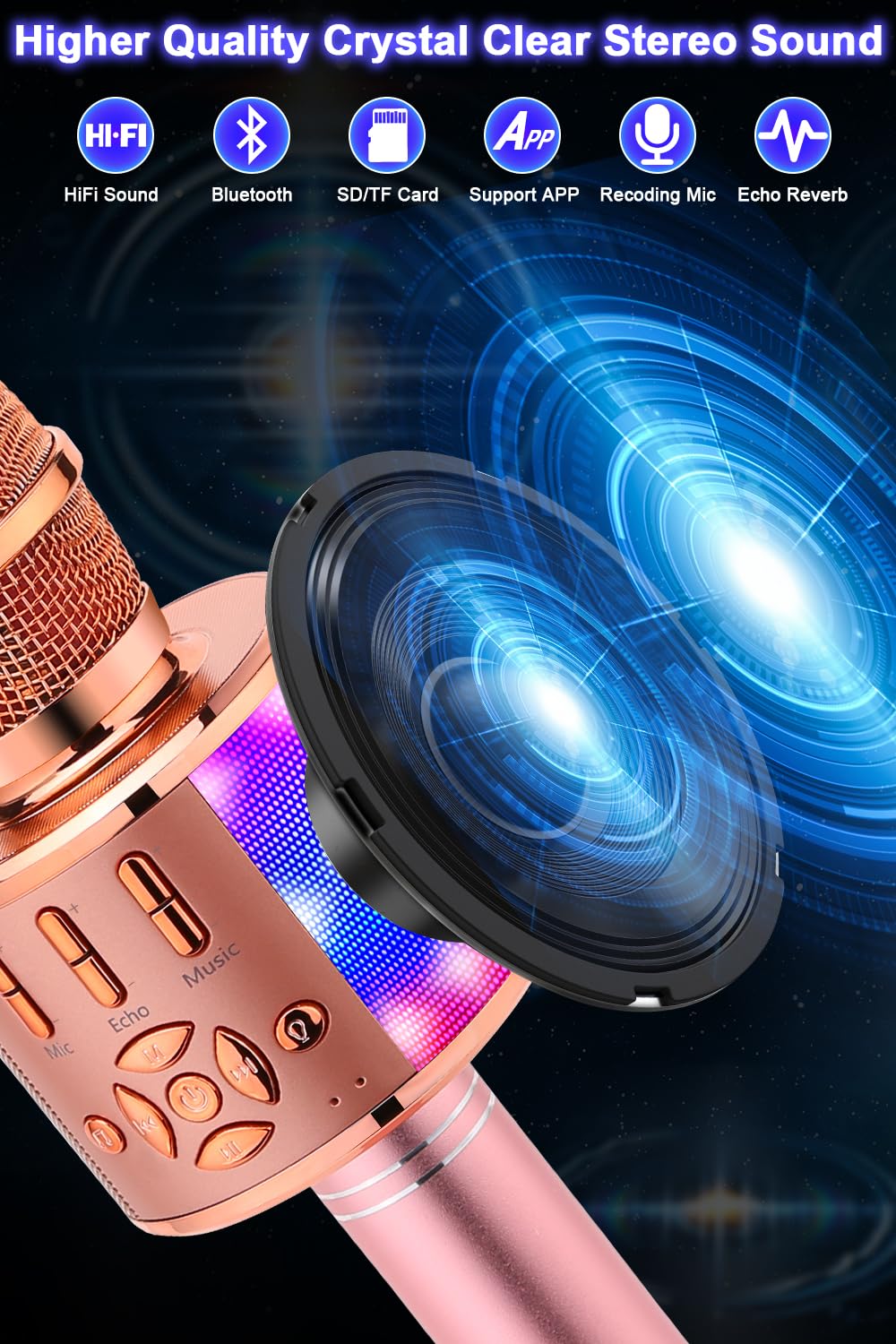 BONAOK Microphone for Kids Wireless, Magic Sound Karaoke Wireless Microphone, 4 in 1 Bluetooth Karaoke Machine, Adult Car Karaoke Mic Singing Machine, for Party/Outdoor/Travel 868 (Rose Gold Plus)