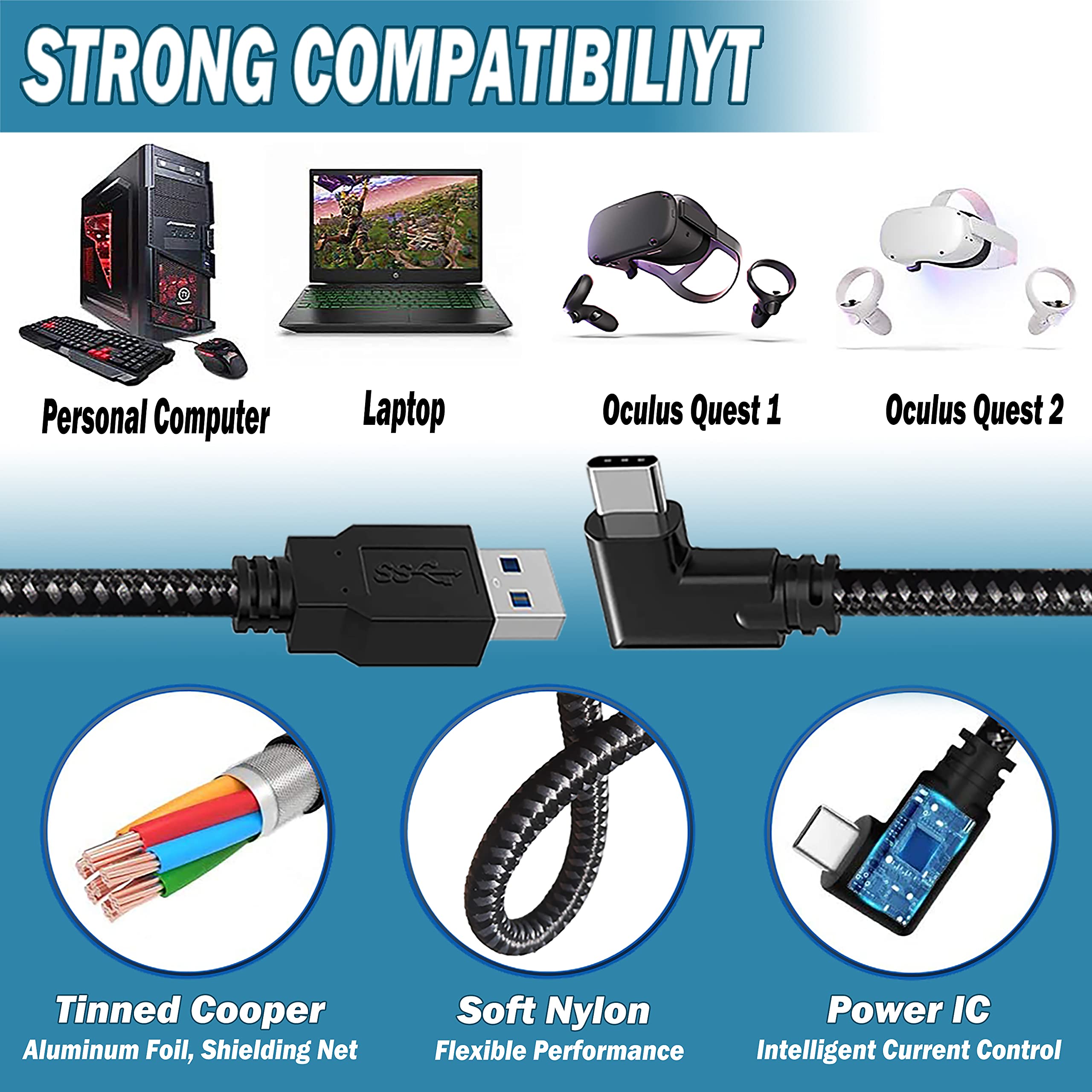 Oculus Link Cable 16FT Compatible for Oculus Quest 2 Quest 1 Rift S VR Headset, High-Speed Data Transfer & Fast Charging USB C 3.2 Gen1 Type A to C Nylon Braided Cable for VR Headset and Gaming PC