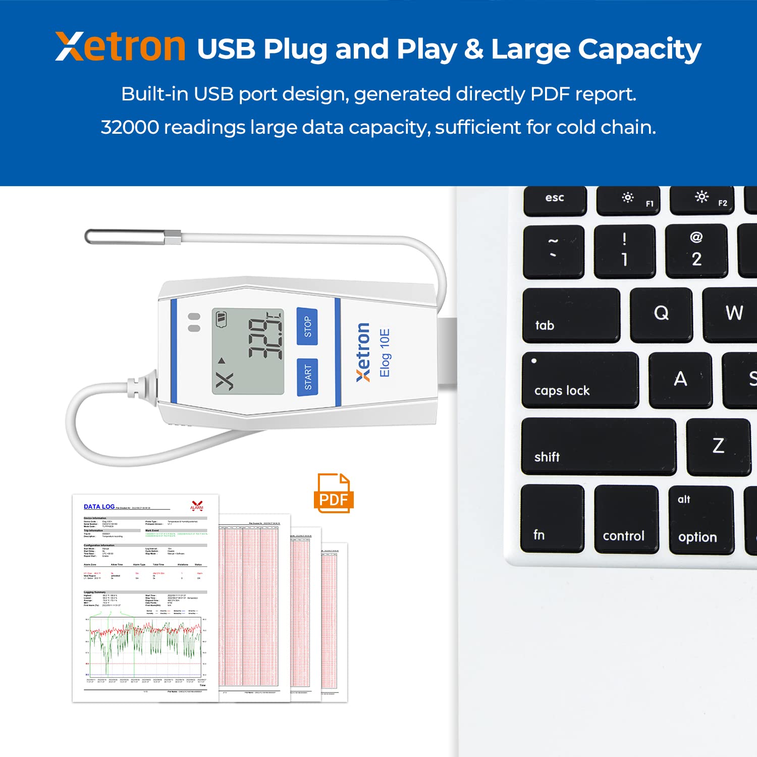 Xetron Multi-Use Temperature Data Logger with Probe,32000 Points Reusable Recorder for Cold Chain,PDF Report,Certificate Refrigerator Temperature Monitor, Elog10E (1 Pack)Upgrade RC-5