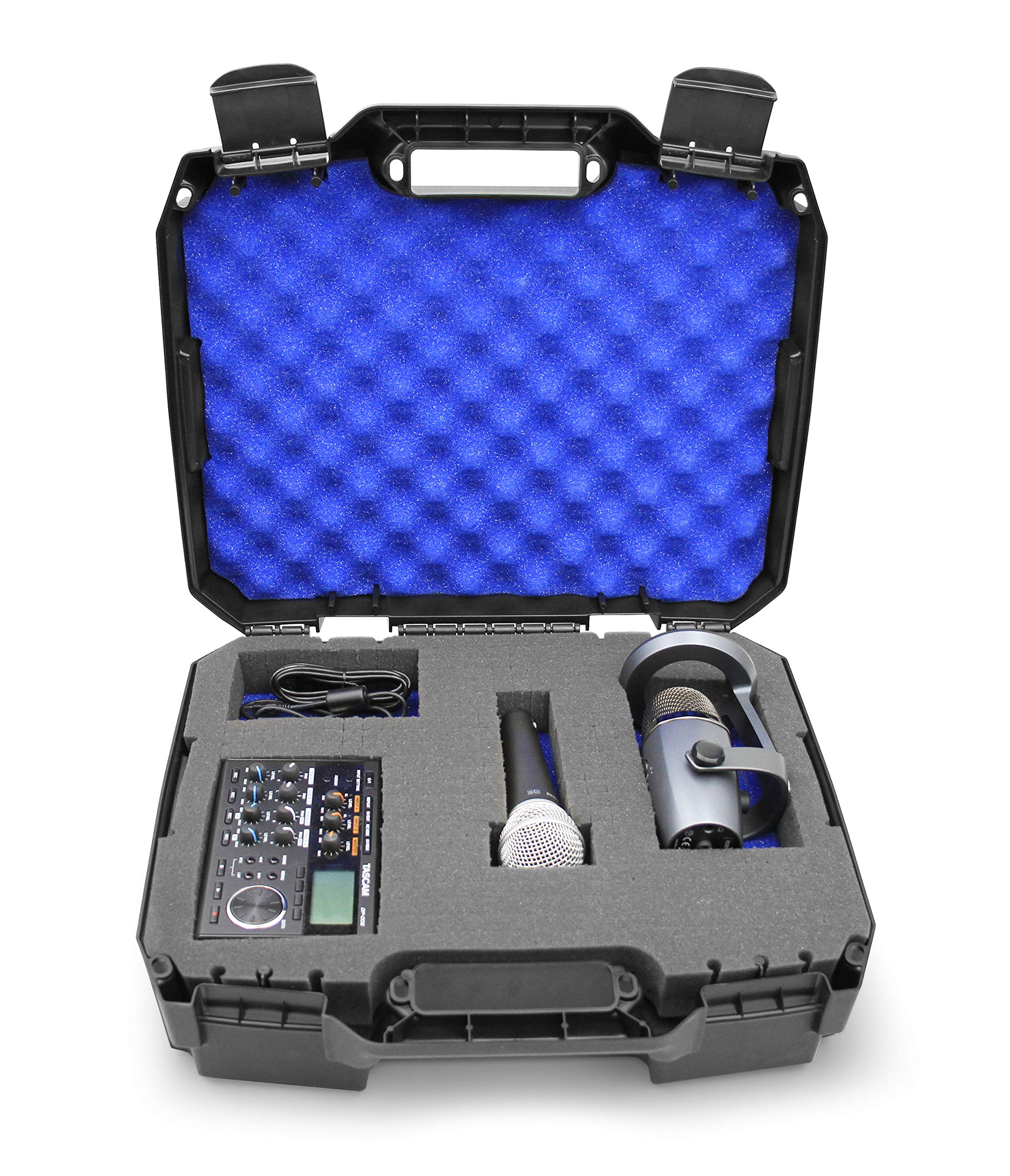 CASEMATIX 17 inch Mobile Podcast Station Travel Case Fits Mixers, Microphones, Laptops and Cables with Dual Customizable Foam Layers - Case Only with Blue Foam