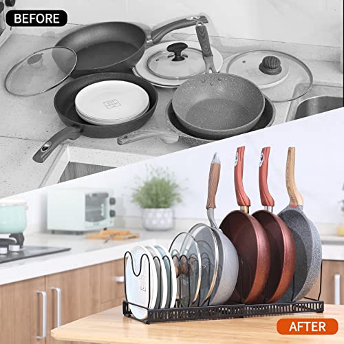 AJSWISH Pots and Pans Organizer, Expandable Pot Organizer Rack for Cabinet, Pot Lid Organizer Holder with 12 Adjustable Compartments for Kitchen Cabinet Cookware Baking, Black
