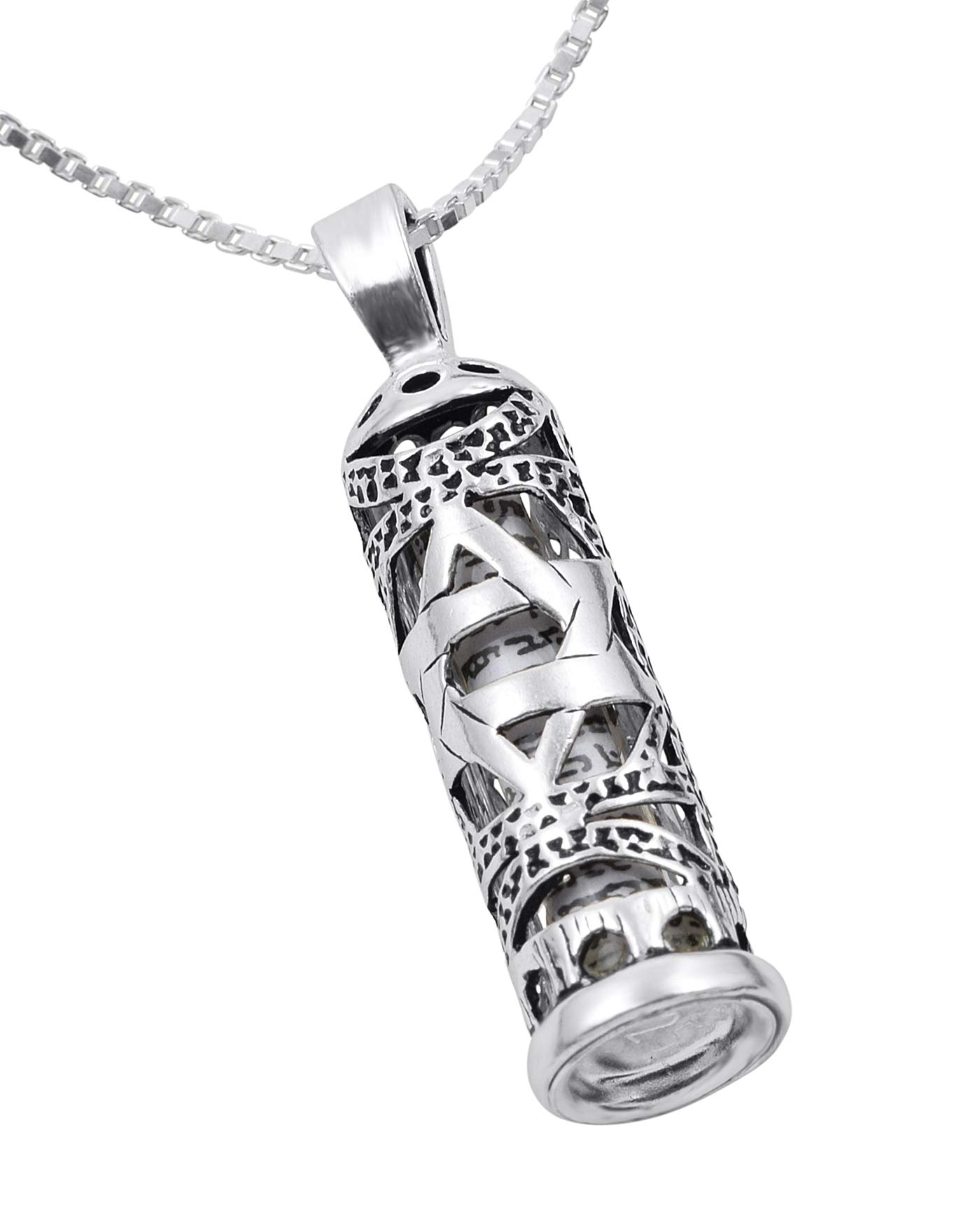 aJudaica Mezuzah Necklace Pendant in 925 Sterling Silver with Chain (Mezuzah with Star of David)