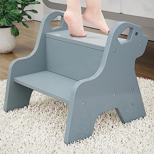 Jemyda 2 Step Stool for Kids, Toddler Step Stool for Bathroom Sink, Non-Slip Kid Stool for Toilet Potty Training, Durable Sturdy Step Stool for Kitchen (Grey Dog)