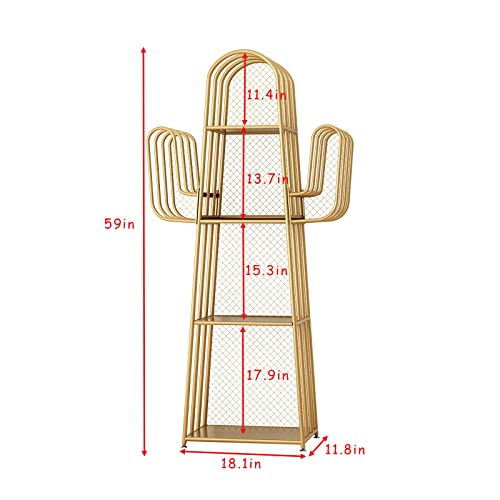 DOORXIF 4-Tier Gold Bookshelf Freestanding, Cactus Bookcase 4 Cube Storage Organizer Closet Metal Display Cabinet, Corner Bookshelf for Small Spaces, Gold Bookcase for Bedroom Office