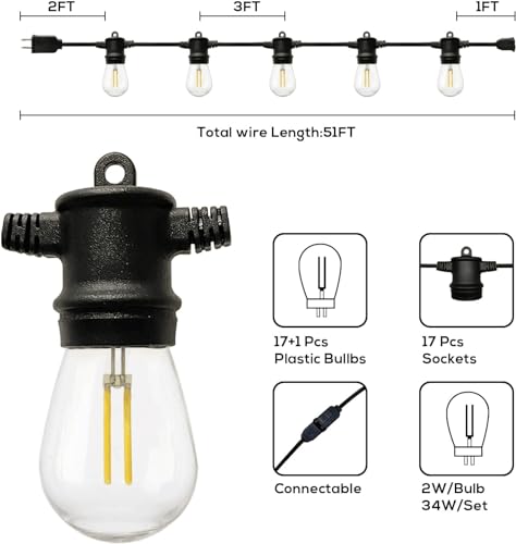 Banord Outdoor String Lights, 51FT Patio Lights with Bright 2W Shatterproof LED Dimmable Plastic Bulbs Waterproof Outdoor Hanging Lights String for Backyard, Porch, Garden, Deck, Camping, Cafe, Party