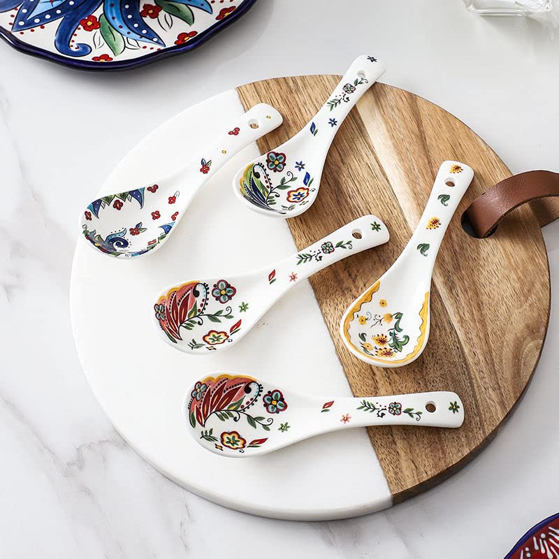 HonHeam Ceramic Soup Spoons Set, Bohemian Porcelain Rice Spoons, Colorful Glaze Flower Pattern Tableware Spoons Set of 4