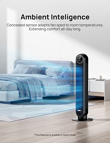 Dreo Tower Fan for Bedroom, 24ft/s Velocity Quiet Cooling Fan, 90° Oscillating Fans for Indoors with 4 Speeds, 4 Modes, 8H Timer, Bladeless Fan, Standing Floor Fans, Black, Nomad One (DR-HTF007)
