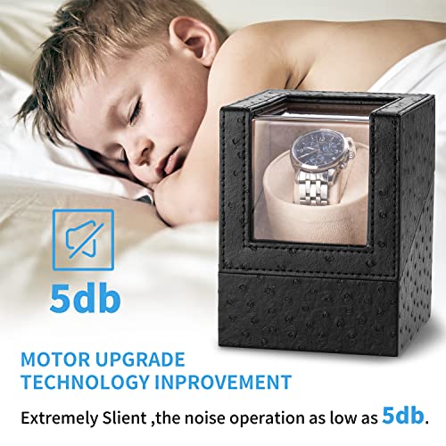 Efaithtek Automatic Single Watch Winder in Black Ostrich Pattern Leather with Japanese Quiet Motor,AC Adapter or Battery Powered