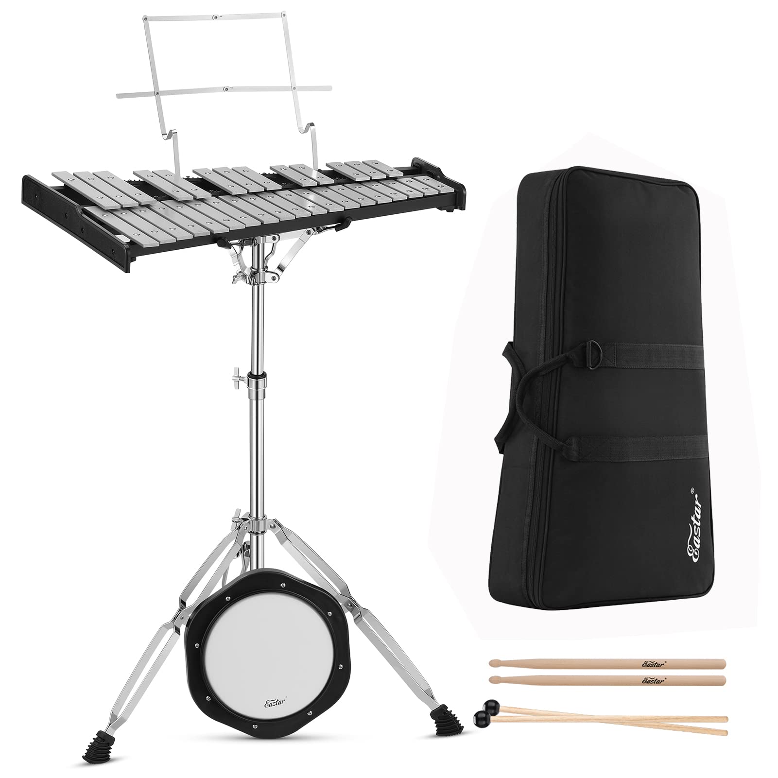 Eastar Professional 32 Note Glockenspiel Xylophone Bell Kit Percussion Kit with 8 Inch Drum Practice Pad, Stand, Glockenspiel Stick, Drum Sticks and Carrying Bag