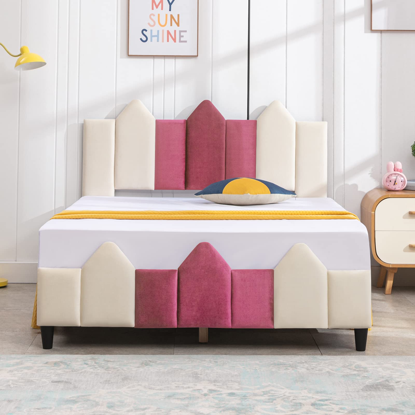 Mixoy Twin Size Kids Bed Frames,Upholstered Twin Platform Bed Frame for Children with Headboard,Toddler Bed for Girls, Teens,No Box Spring Needed, Easy Assembly(Pink/White,Twin)