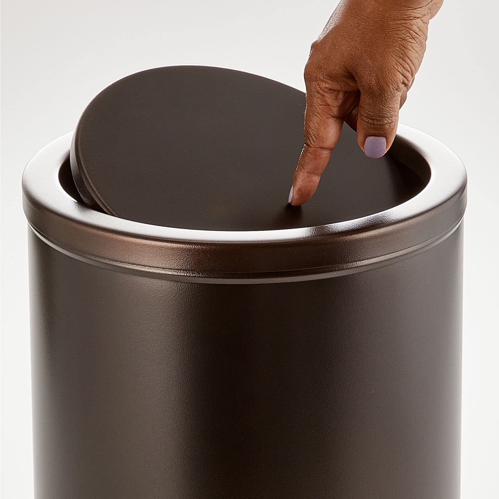 mDesign Small Round Metal 4.8 Gallon/18 Liter Covered Bathroom Garbage Swing Lid Trash Can Waste Basket Bin for Bathroom, Bedroom, Kitchen, Craft Room, Office, Laundry Room, Garage - Bronze