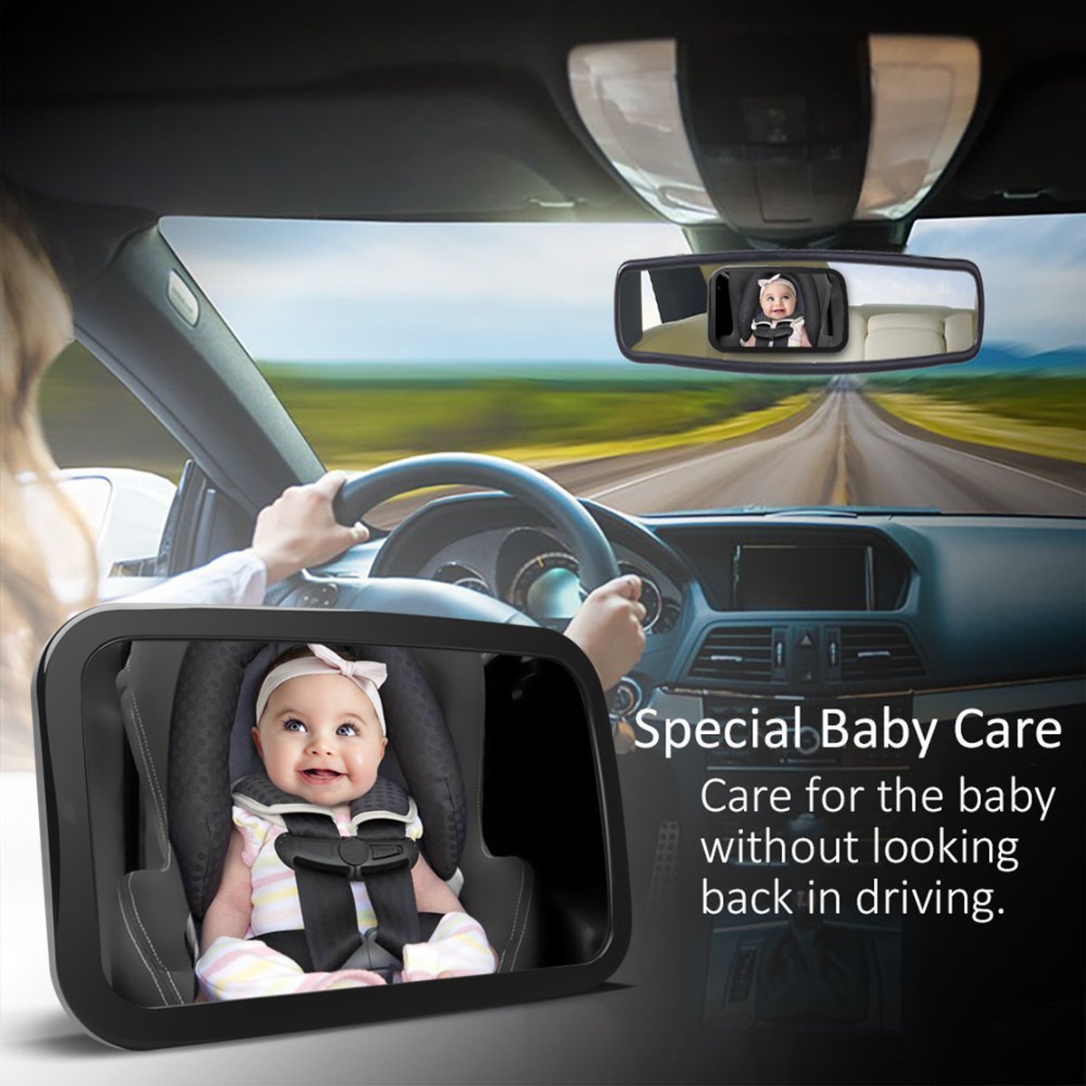 LanChuon Safety Baby Car Mirror for Back Seat, Updated Large and Stable Rear Facing Car Seat Baby in-Sight Shatterproof Mirror with Cloth, Adjustable Double Strip, 11.8 Inch Long