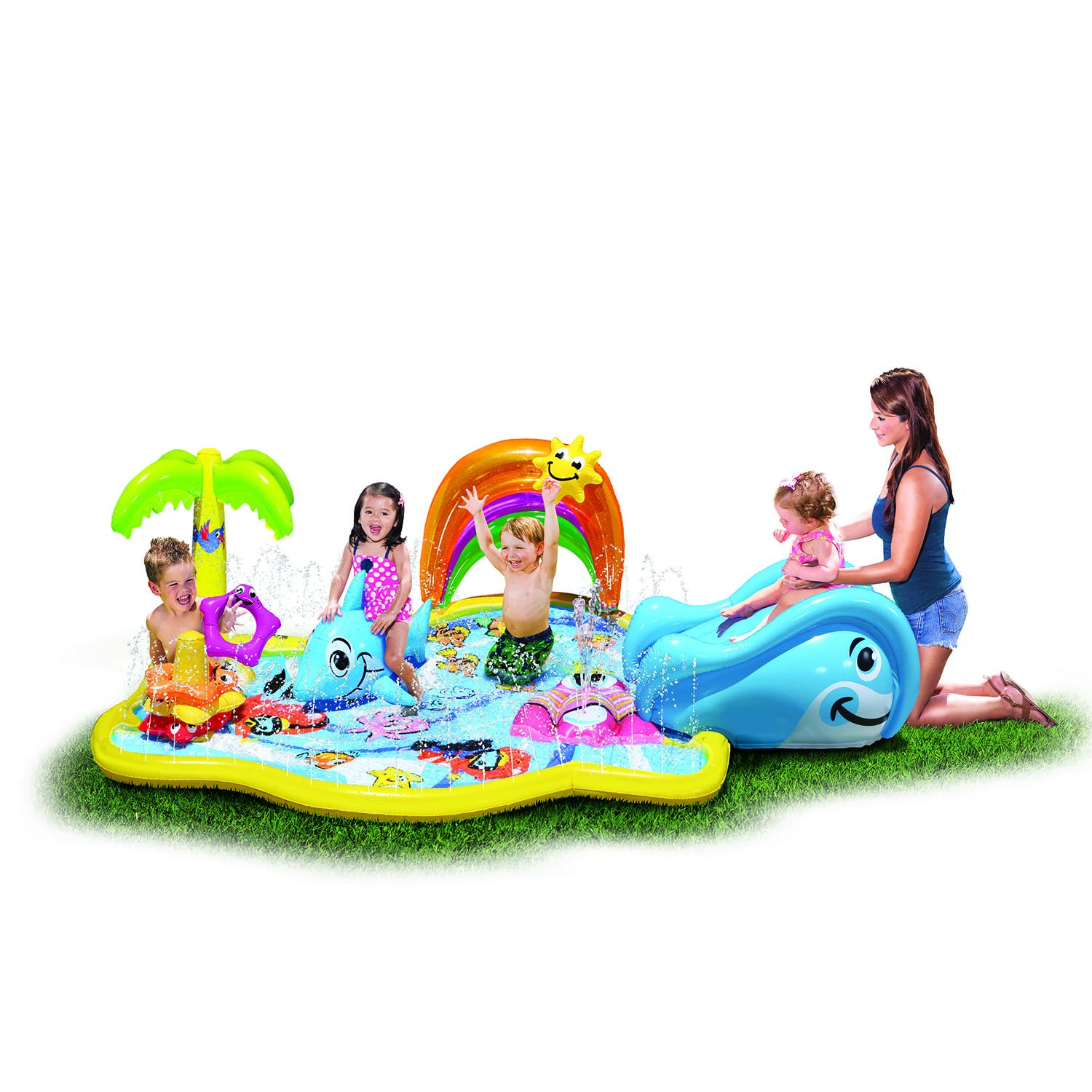 BANZAI Splish Splash Water Park JR, Length: 90 in, Width: 52 in, Height: 24 in, Junior Inflatable Outdoor Backyard Water Splash Toy, Multicolor