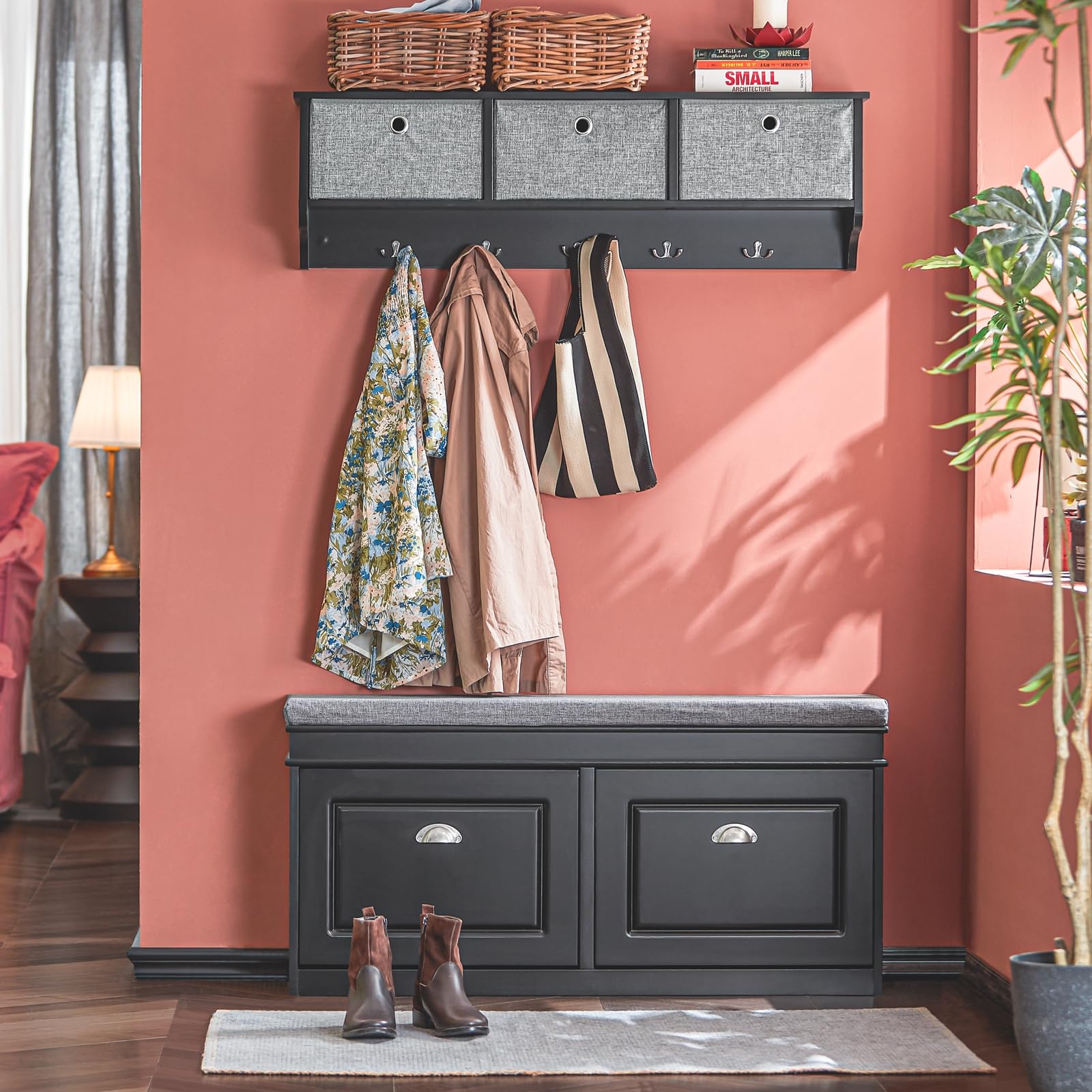 Haotian Wall Shelf with Hooks, Coat Rack Wall Mount with Shelf Entrywall Storage Cabinet Unit with 3 Baskets 5 Hooks, Black, FRG282-SCH