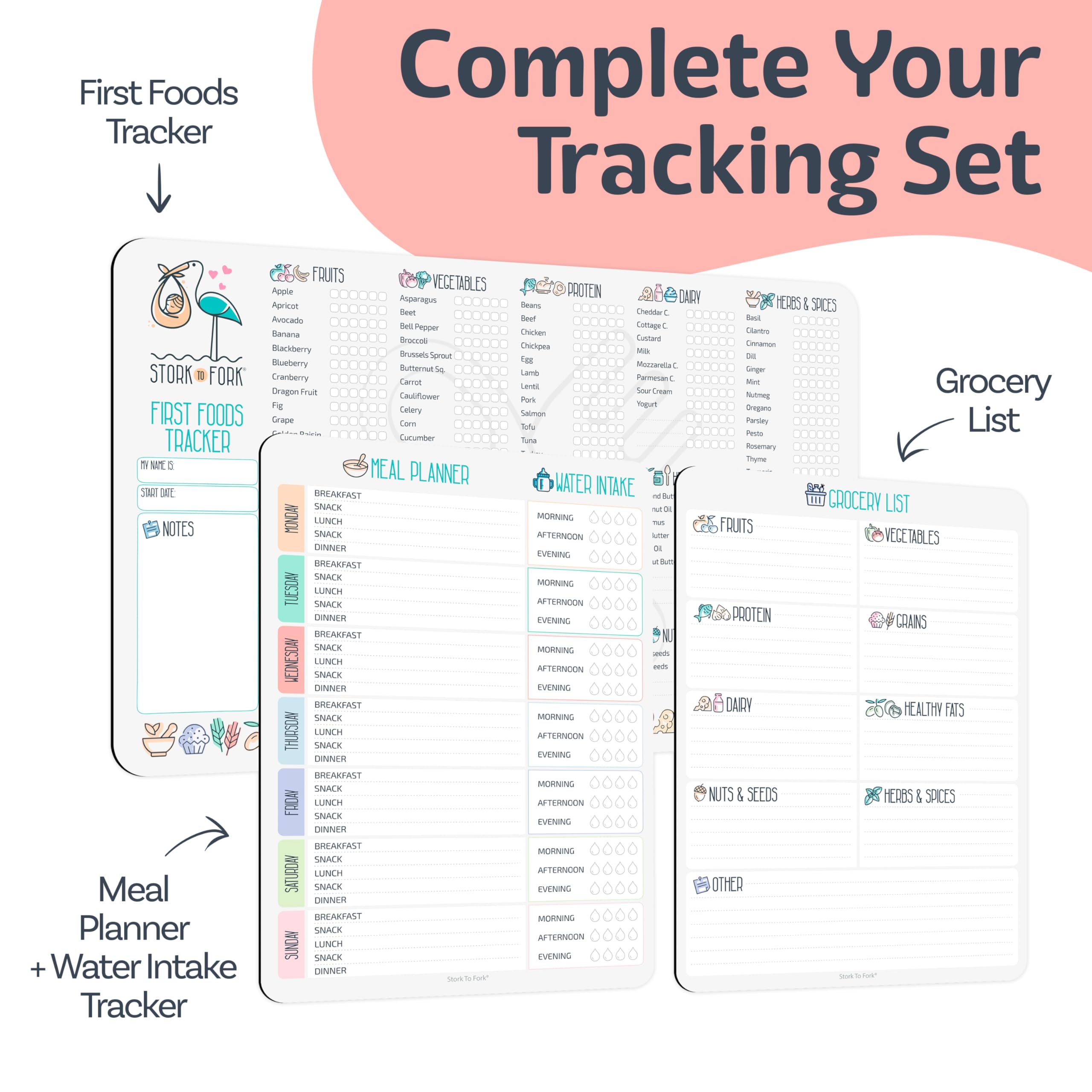 Baby First Food Tracker, Magnetic Meal Planner, Fridge Grocery Shopping List Chart (3 in 1) - Dry, Erase Menu Planner, Strong Stickiness on Refrigerator - 11.6โx8.2โ, Gray- Baby's Led Weaning Supplies