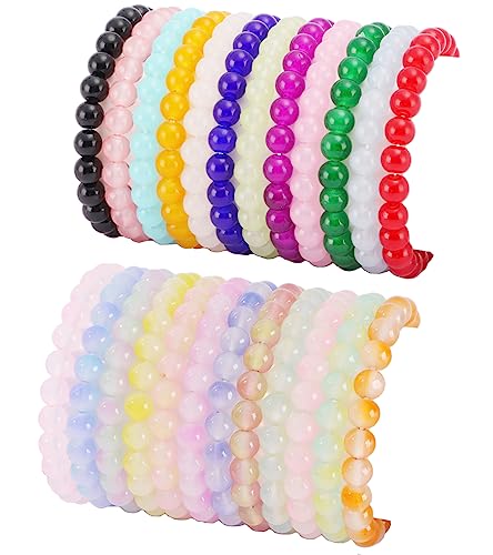 FINZOR 24Pcs 8mm Beaded Stretch Bracelet Handmade Round Glass Bracelet for Women Multicolor Matte Beads Elastic Bracelet Shining Beads Wristband Valentines Jewelry